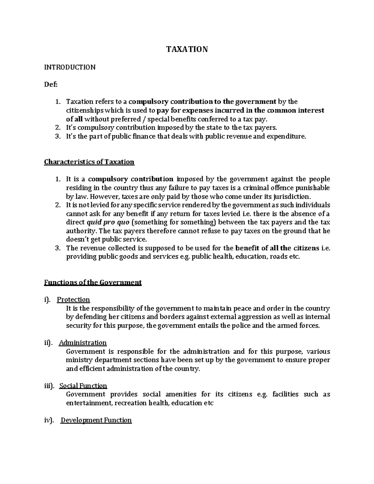 Taxation Notes. Lesson 1 - TAXATION INTRODUCTION Def: Taxation refers ...