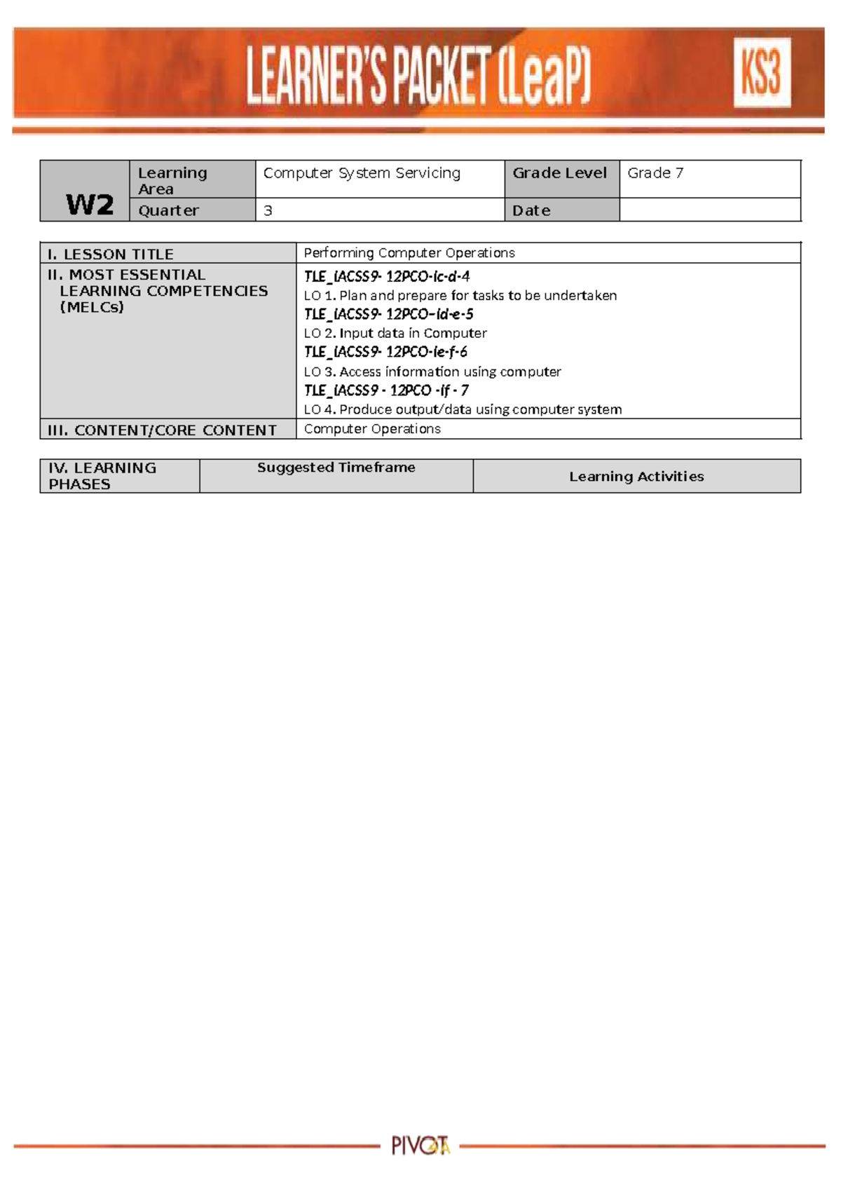 Tle Ict Cy7 W2 Lesson Exemplar W Learning Area Computer System Servicing Grade Level Grade 7