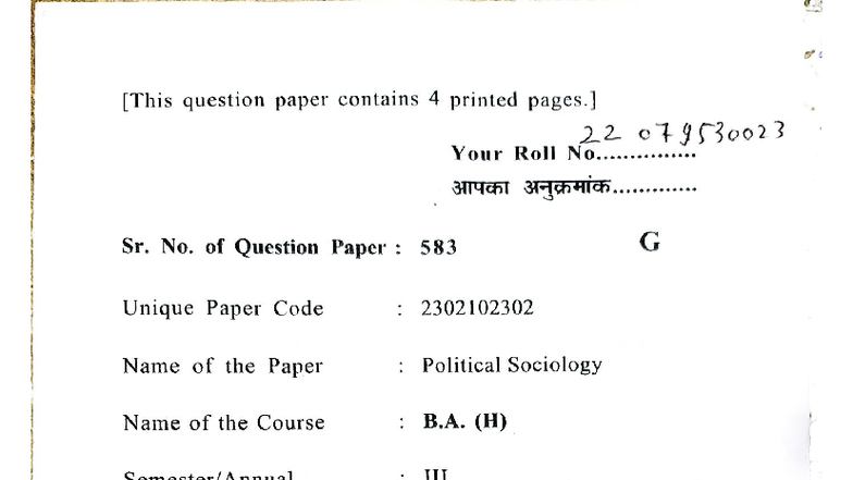B.A. (H) Political Sociology Question Paper - Unique Code 2302102302 ...