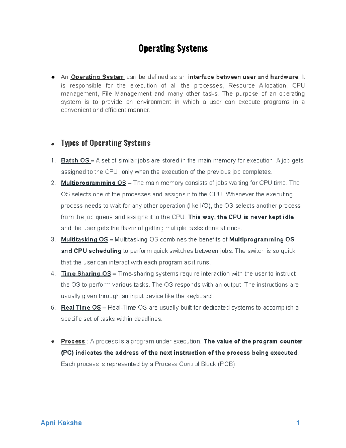 Operating Systems Notes @APNA College: Key Concepts & Types - Studocu