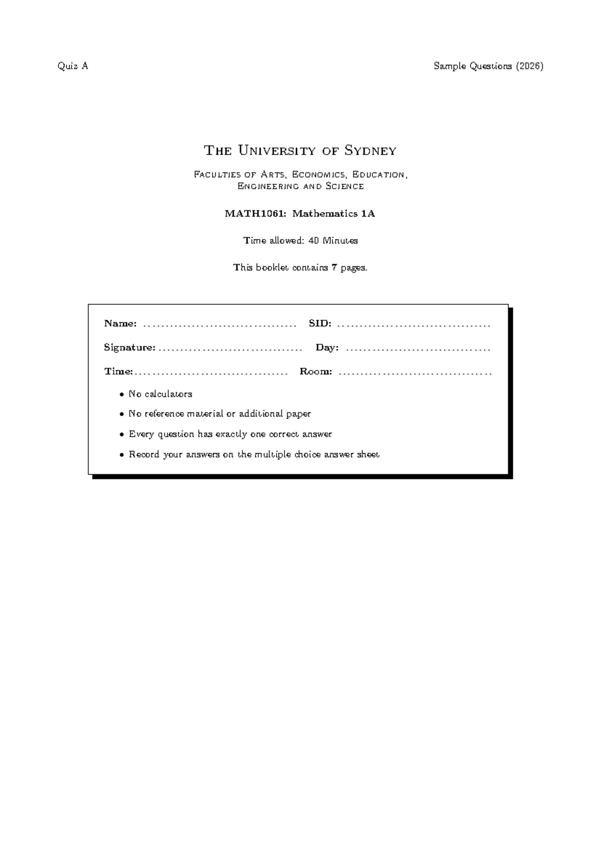 MATH1061: Quiz A Sample Questions (2026) - Practice Paper - Studocu