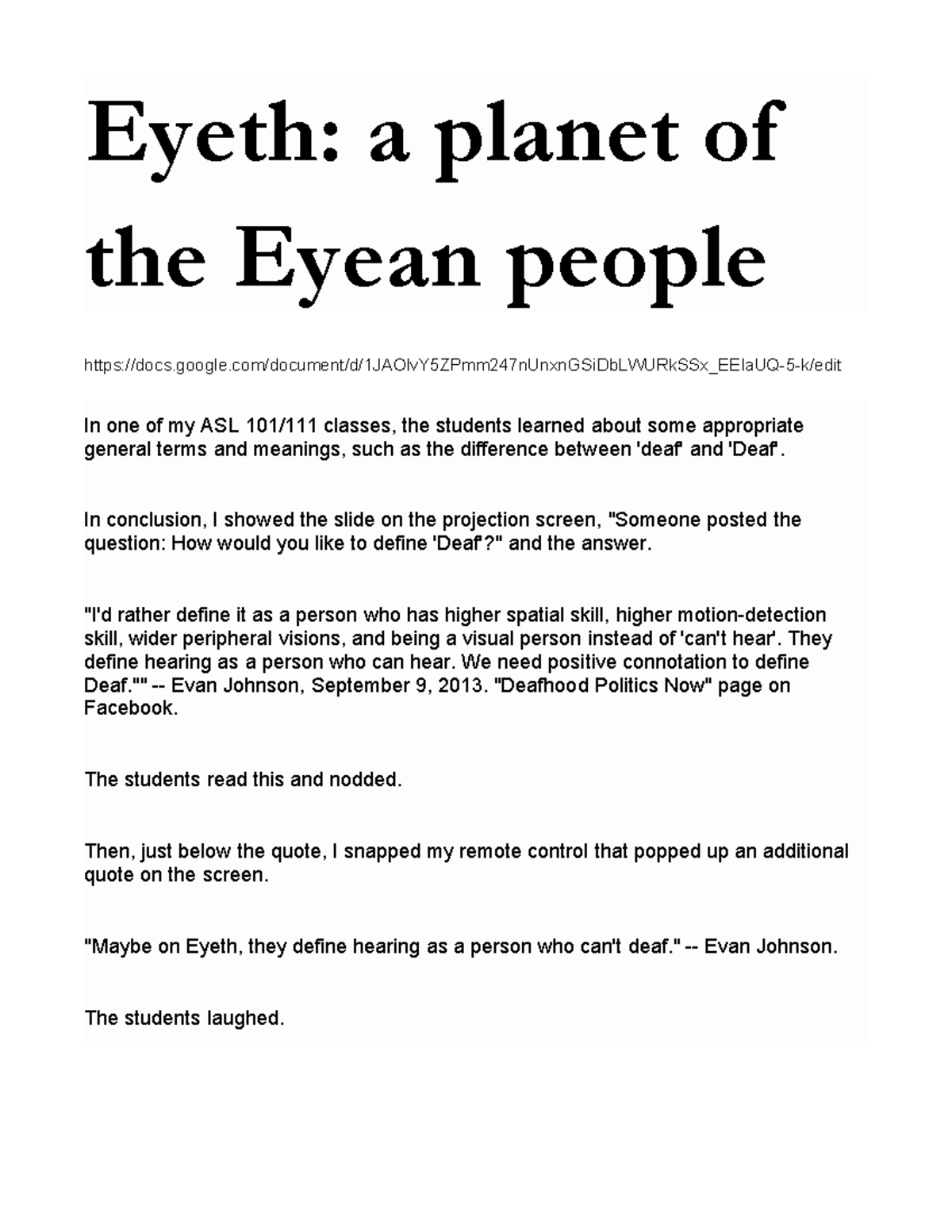 ASL 101: Exploring Eyeth - A Planet of the Eyean People - Studocu