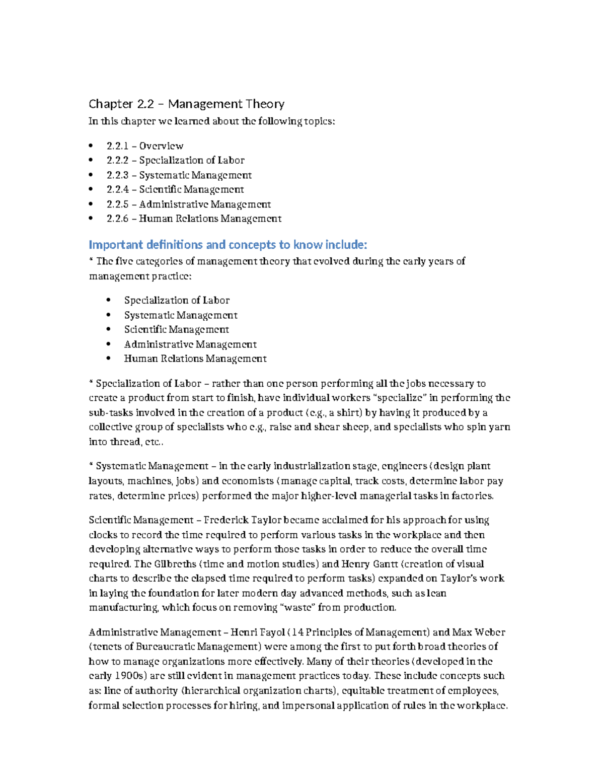 Chapter 2.2: Overview of Management Theory and Specialization - Studocu