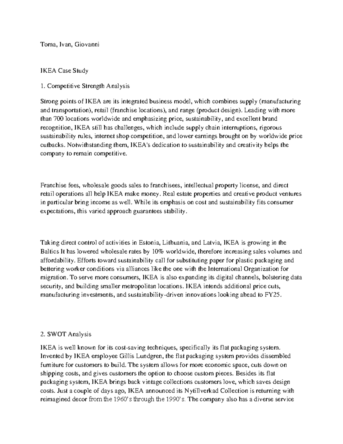 IKEA Case Study: Competitive Strength & SWOT Analysis (BUS 101) - Studocu