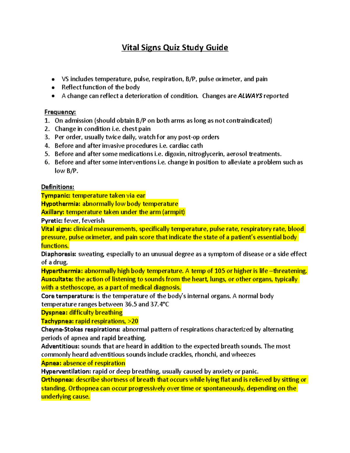 Vital Signs Quiz Study Guide: Key Concepts & Measurements for Nursing ...