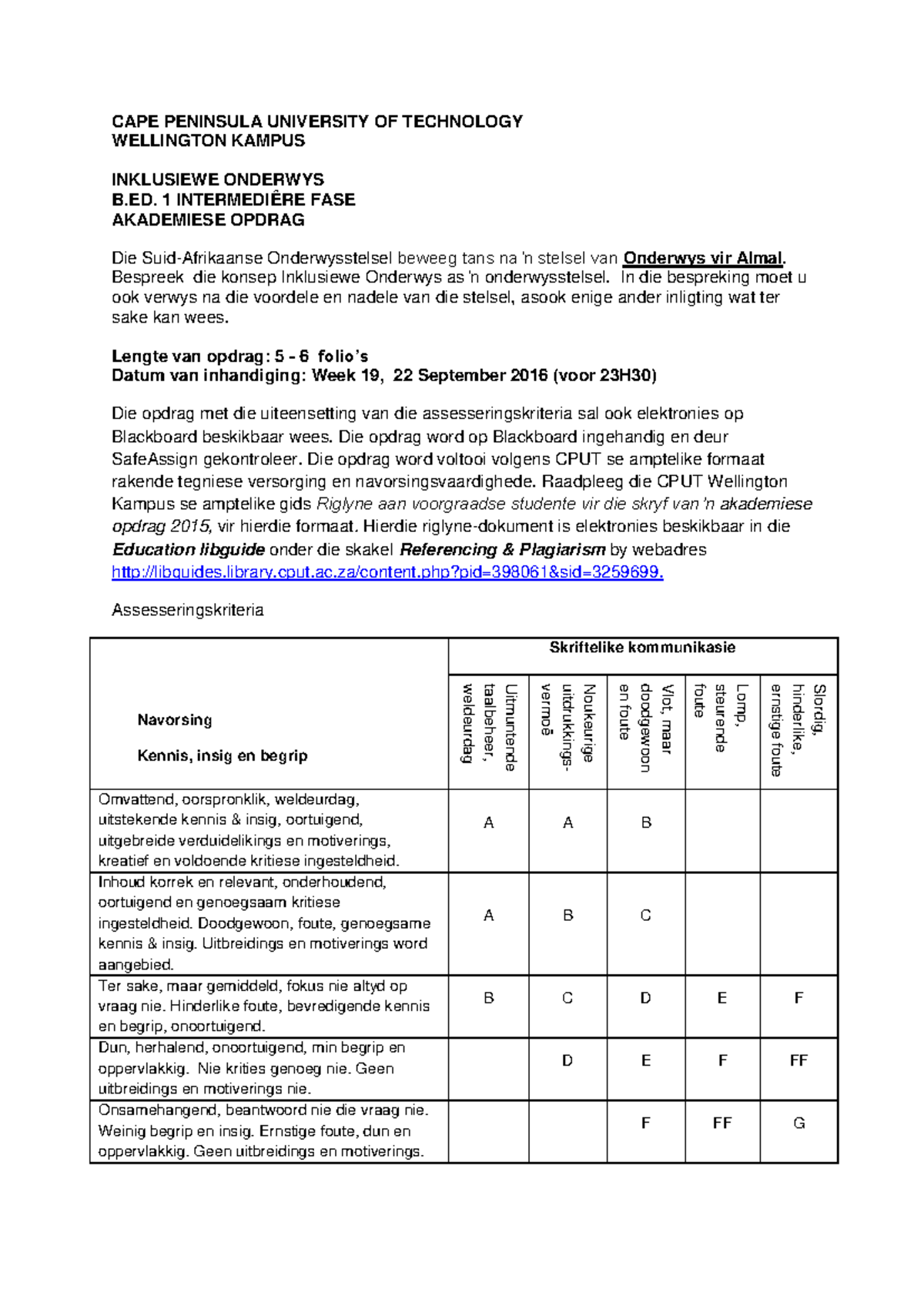 CPUT B.Ed. Intermediêre Fase: Inklusiewe Onderwys Opdrag - Studocu