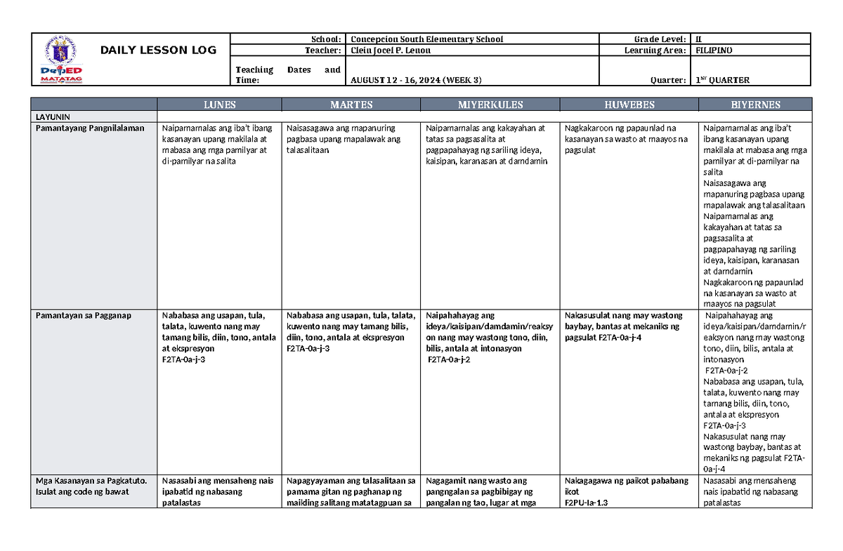 DLL Filipino 2 Q1 W3 - Daily Lesson Log for Elementary Grade 2 - Studocu