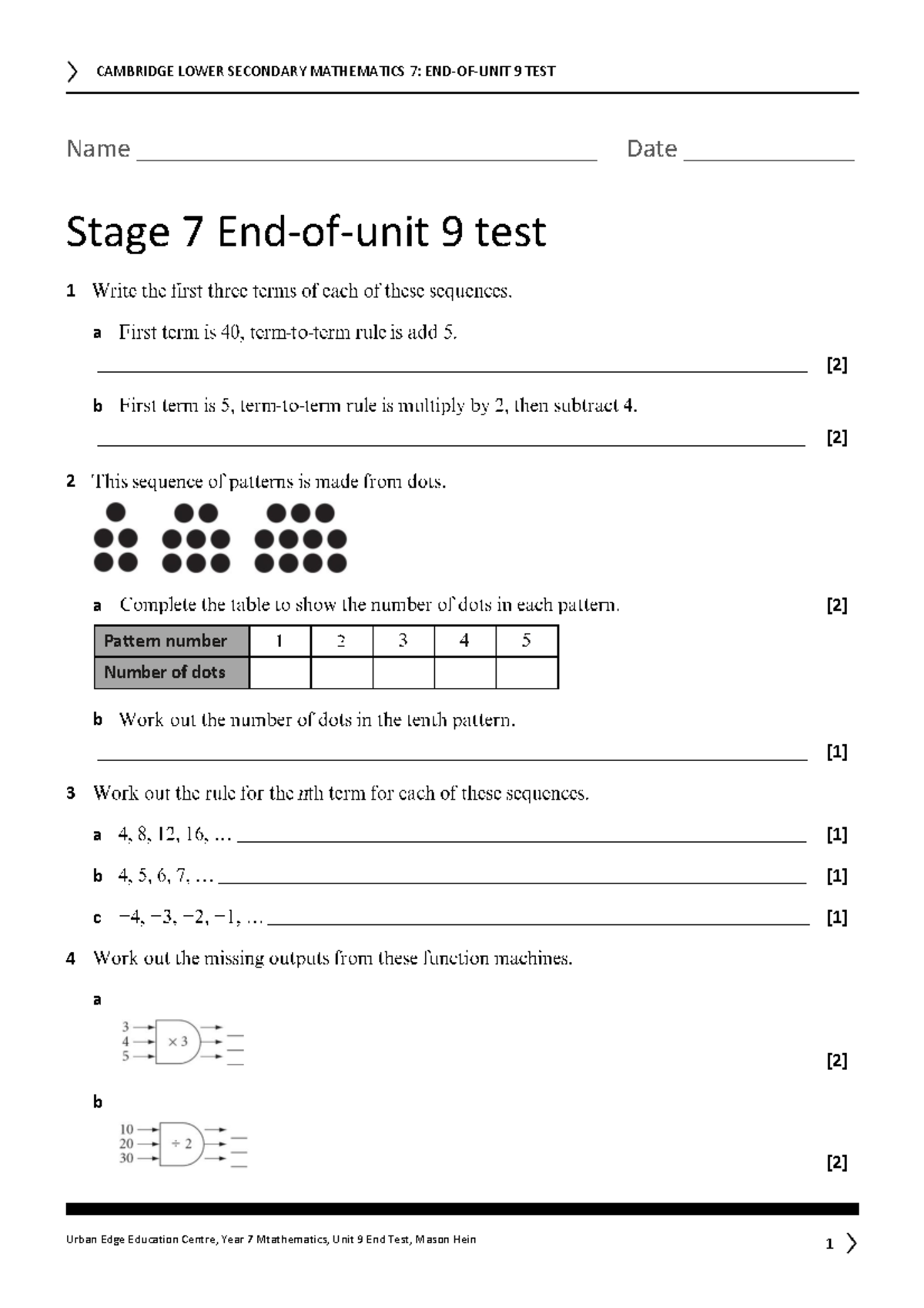 Year 7 Mathematics Unit 9 & 10 End Test (CAMBRIDGE LOWER SECONDARY ...