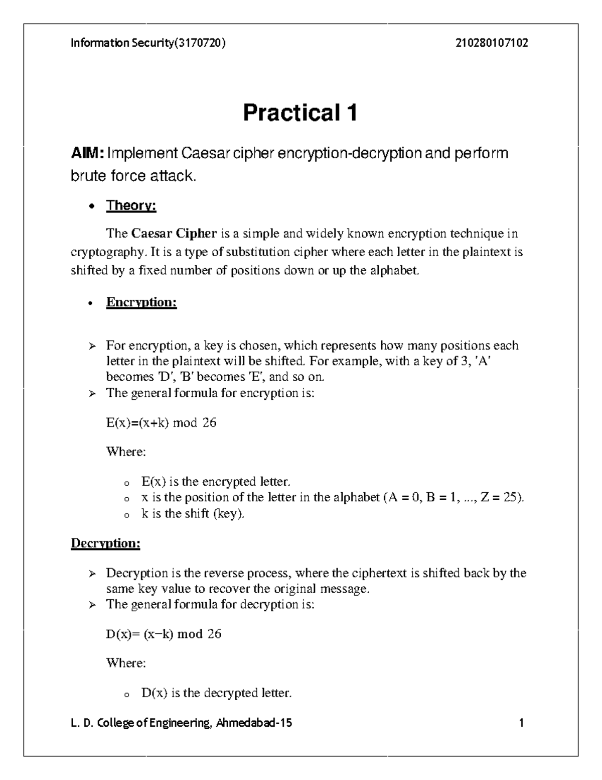 Information Security Practical Assignment: Caesar, Mono-, and Playfair Ciphers - Studocu