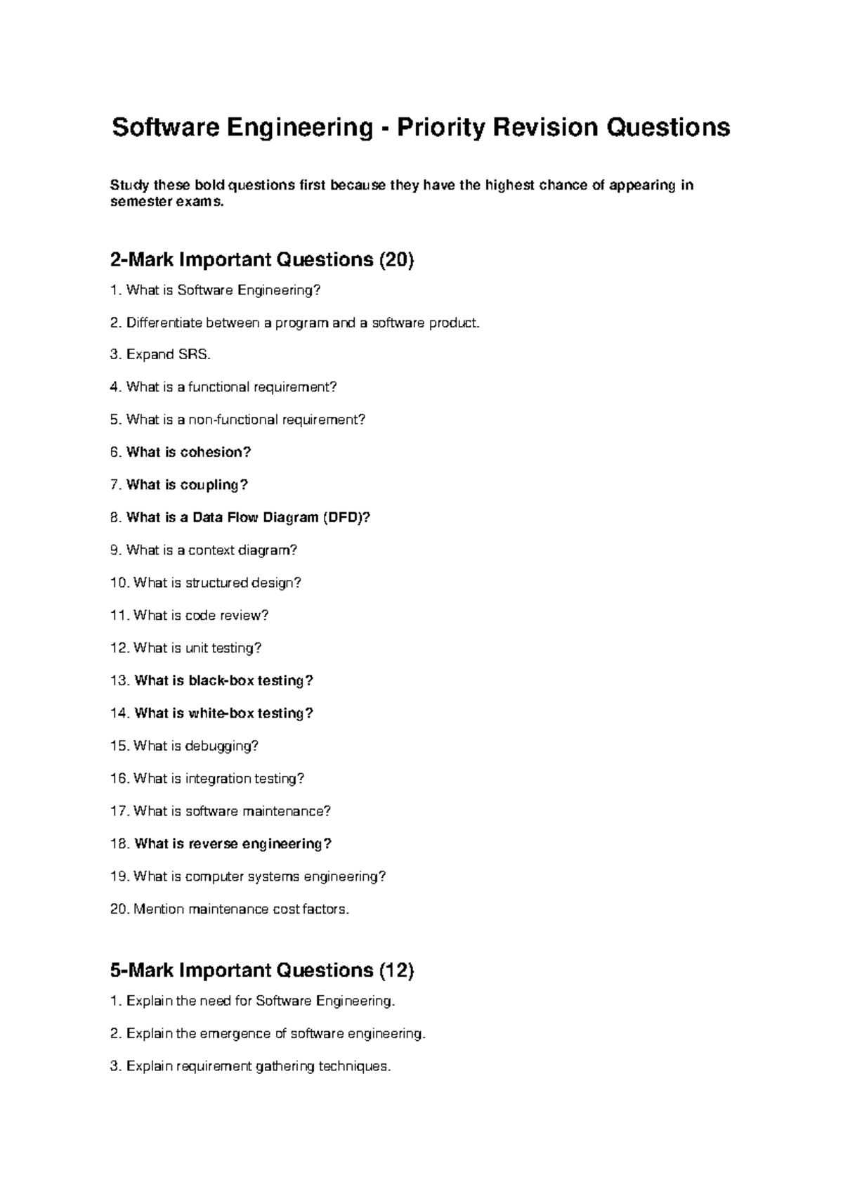 Software Engineering Revision Questions for Exam Prep (SE 101) - Studocu
