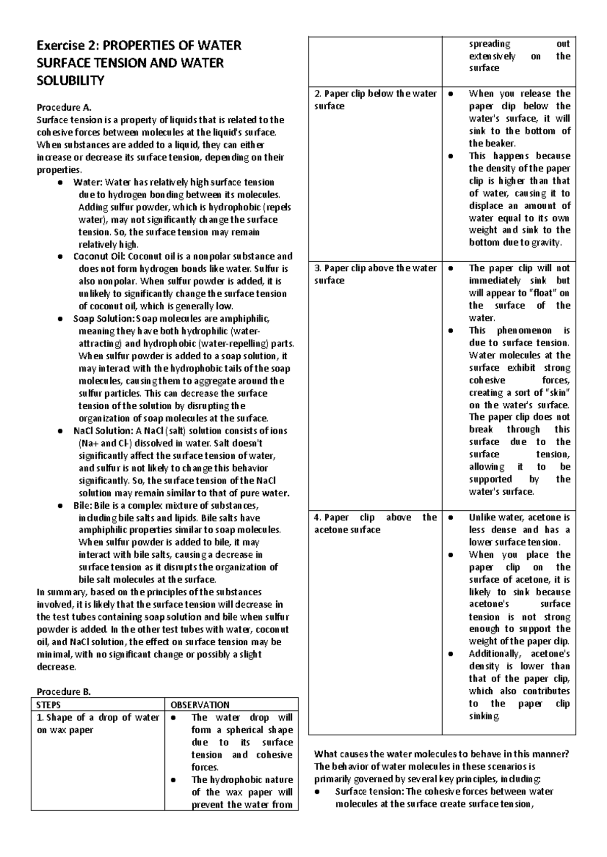 LAB water properties - lab experiment - Exercise 2: PROPERTIES OF WATER ...