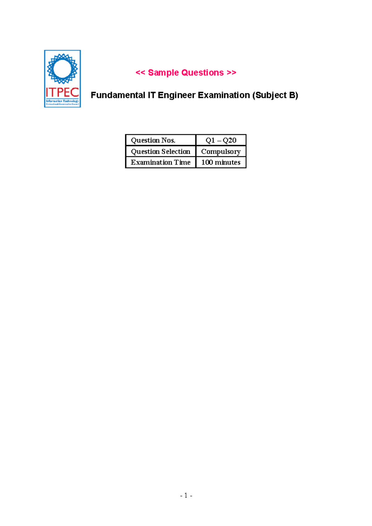 **FE-B-Fundamental IT Engineer Examination Sample Questions** - Studocu