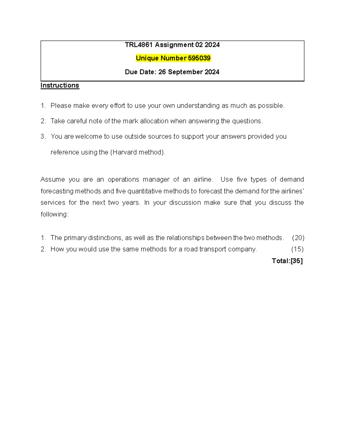 TRL4861 Assignment 02 2024 - TRL4861 Assignment 0 2 2024 Unique Number ...