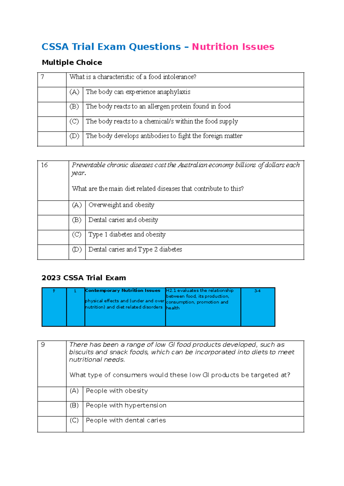 CSSA Trial Exam Multiple Choice - Contemporary Nutrition Issues - Studocu