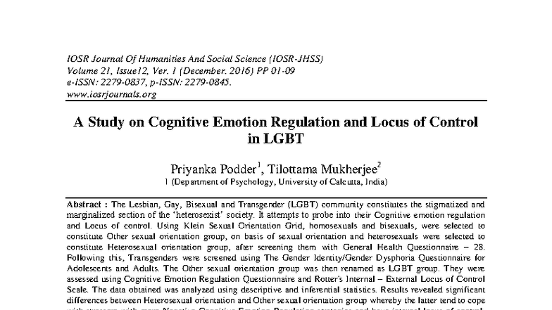 A Study on Cognitive Emotion Regulation & Locus of Control in LGBT ...