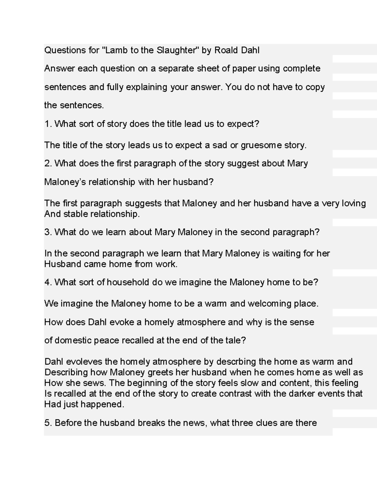 Questions and Analysis of "Lamb to the Slaughter" (ENG 101) - Studocu