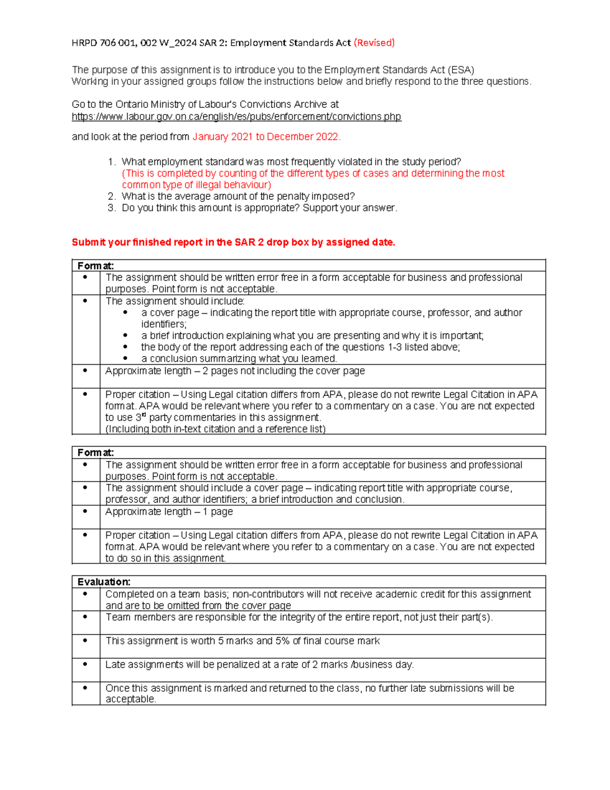 HRPD 706 SAR 2 Employment Standards Act Study Assignment 2024 - Studocu