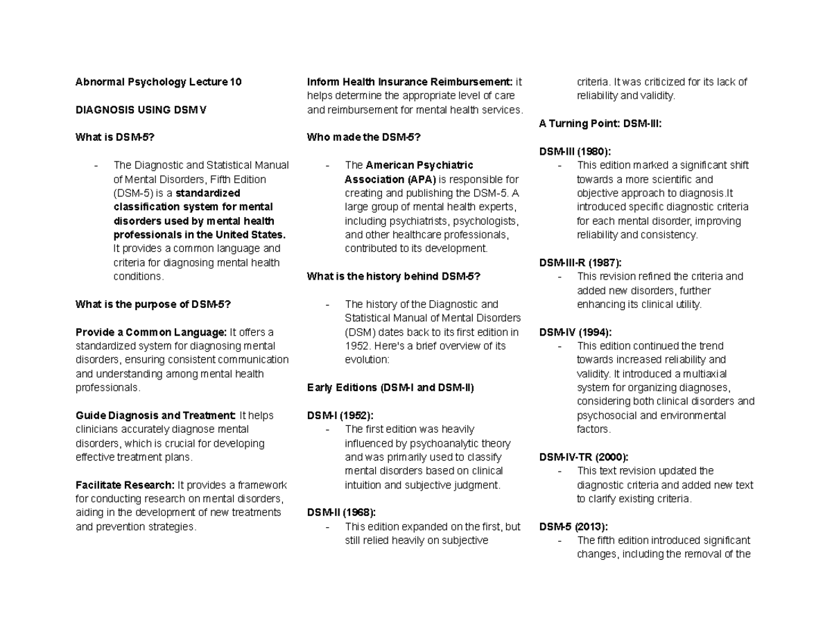 Abpsych lec 10 - Diagnosis using dsm 5 - Abnormal Psychology Lecture 10 ...