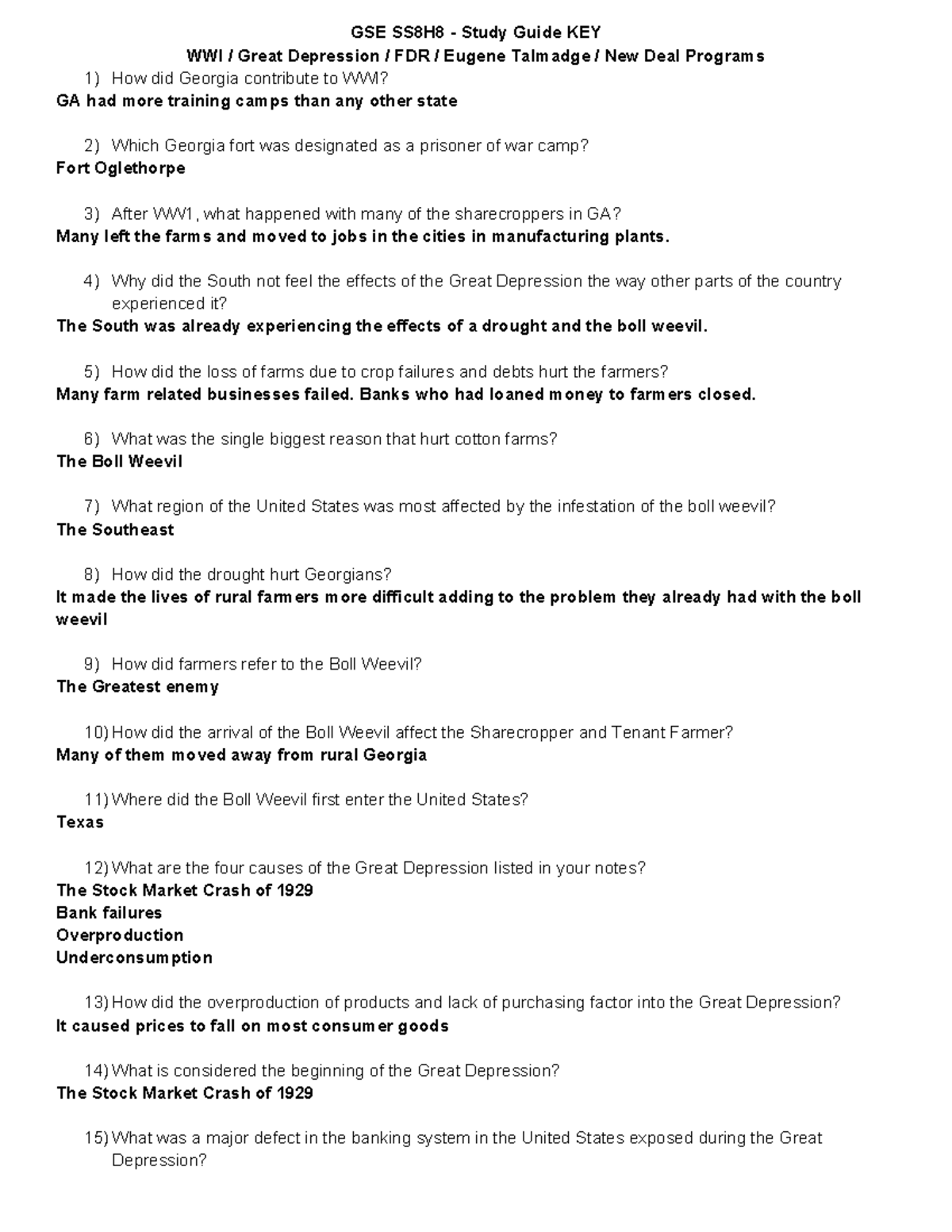 GSE SS8H8 - Great Depression Study Guide: Events & New Deal Programs ...