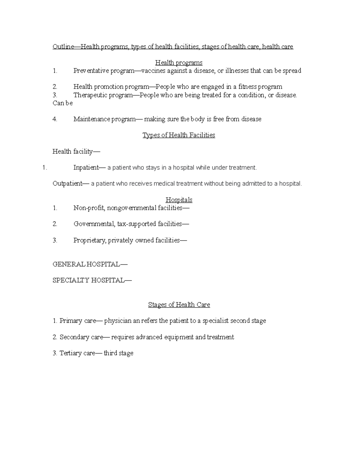 Health Programs and Stages of Care: Comprehensive Outline Guide - Studocu