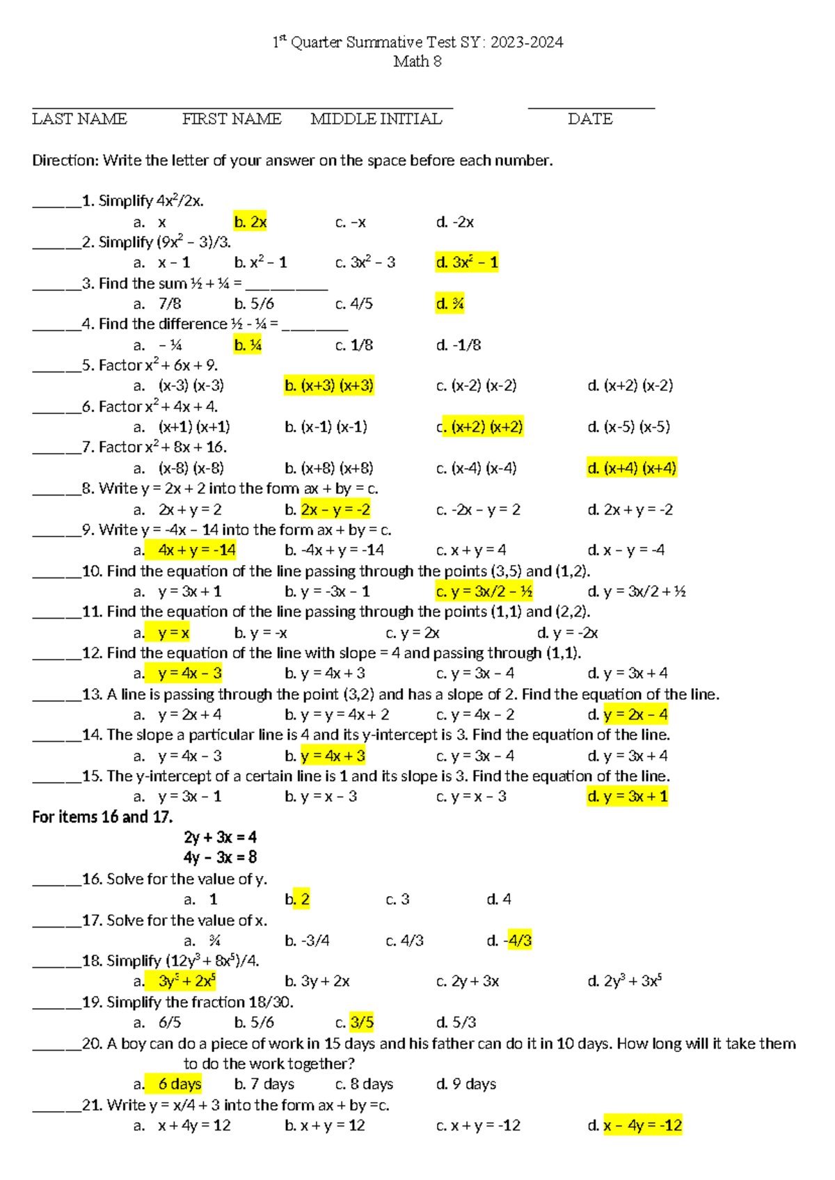 Grade 8 Exam2 - Math - 1 st Quarter Summative Test SY: 2023- Math 8 ...