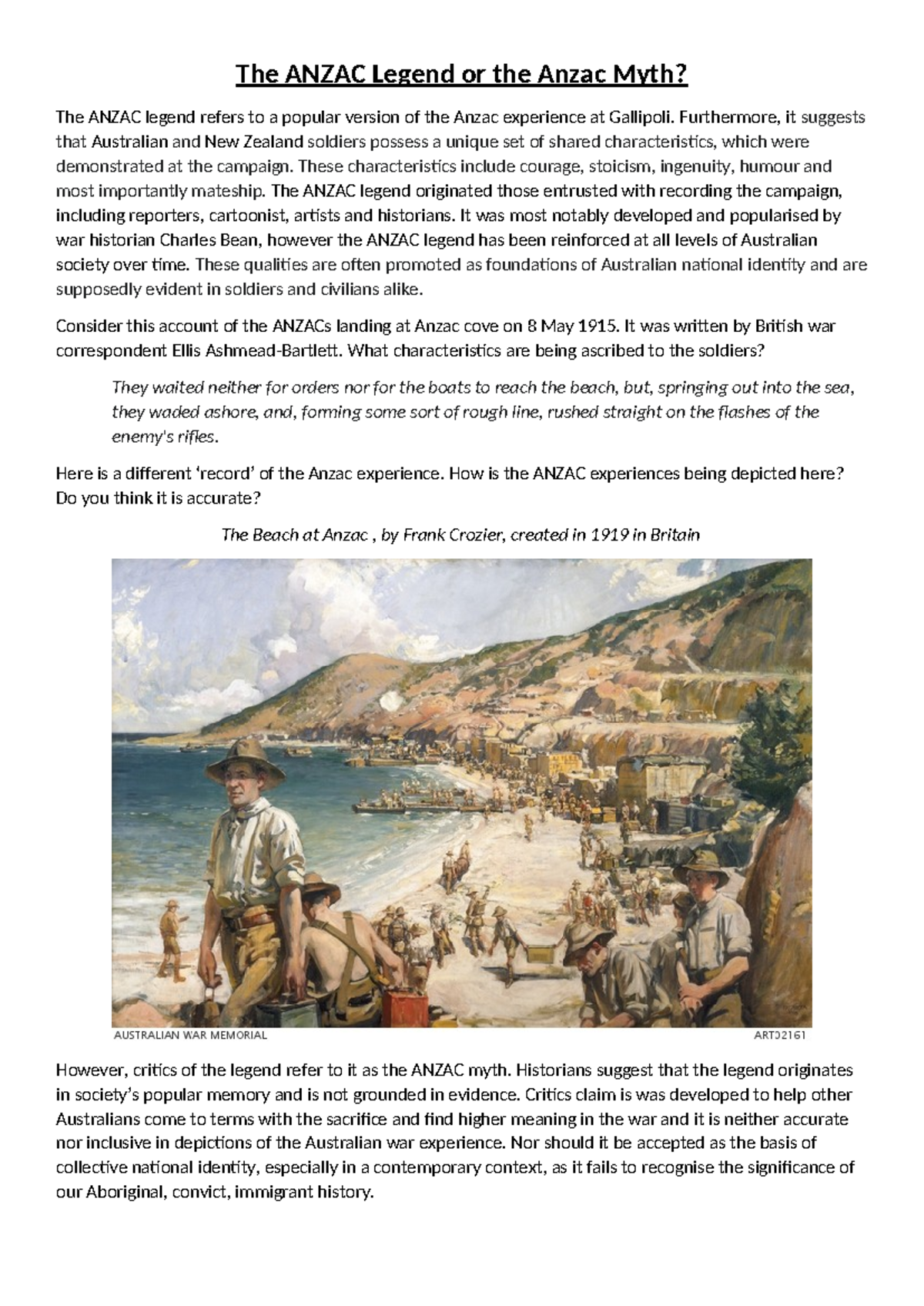 ANZAC Legend vs. Myth: Understanding Divergent Perspectives - Studocu
