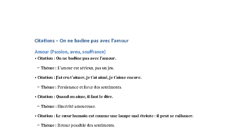 Citations et Thèmes de "On ne badine pas avec l'Amour" - Studocu