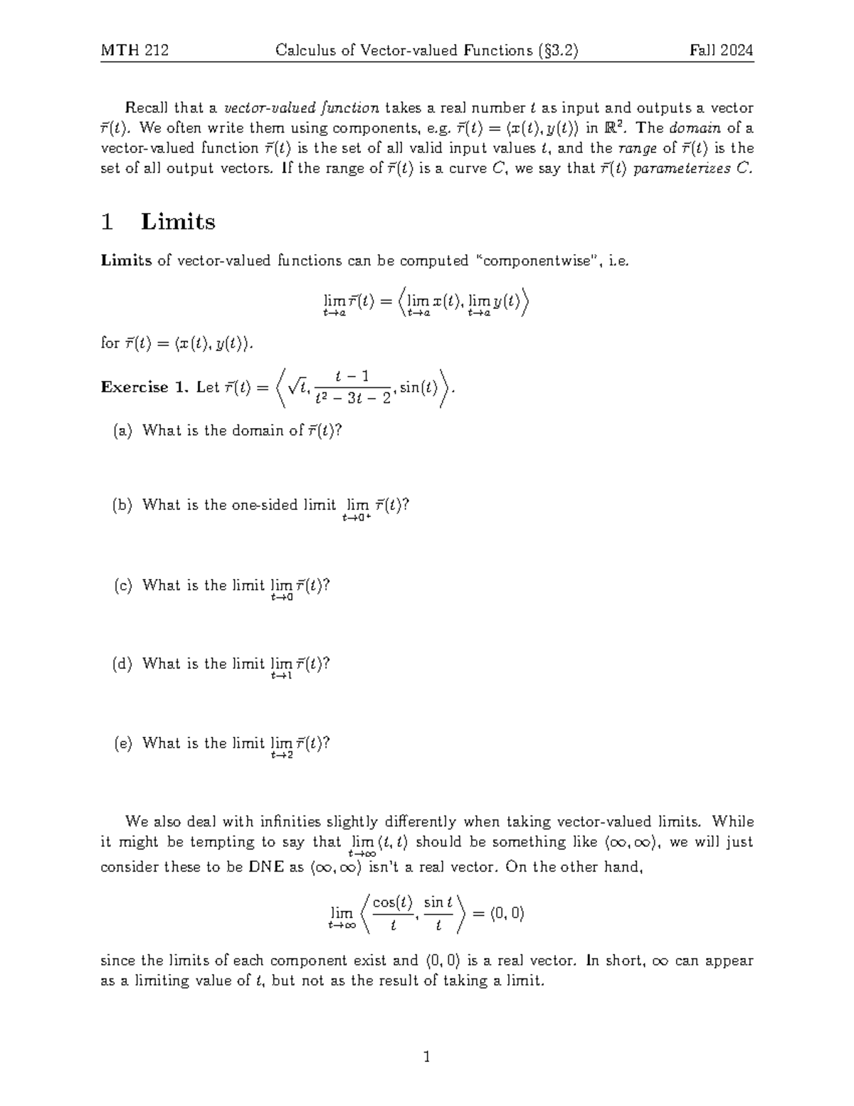 Calc III 2 - lecture notes - Recall that a vector-valued function takes ...