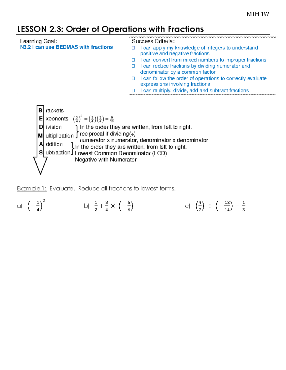 MTH 1W Lesson 2.3: Order of Operations with Fractions Explained - Studocu