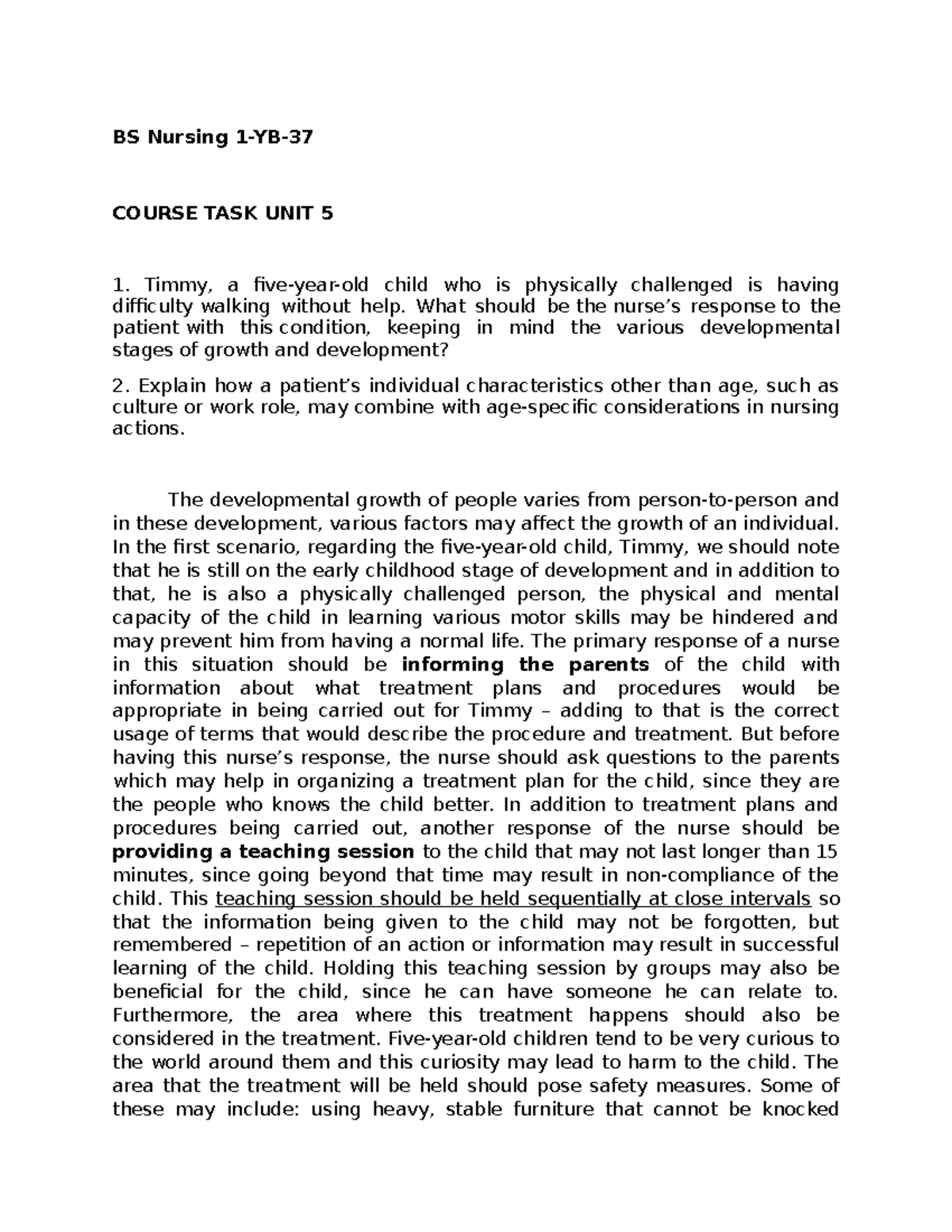 Course Unit Task 5 - Health Education - BS Nursing 1-YB- COURSE TASK UNIT 5 Timmy, a five-year ...