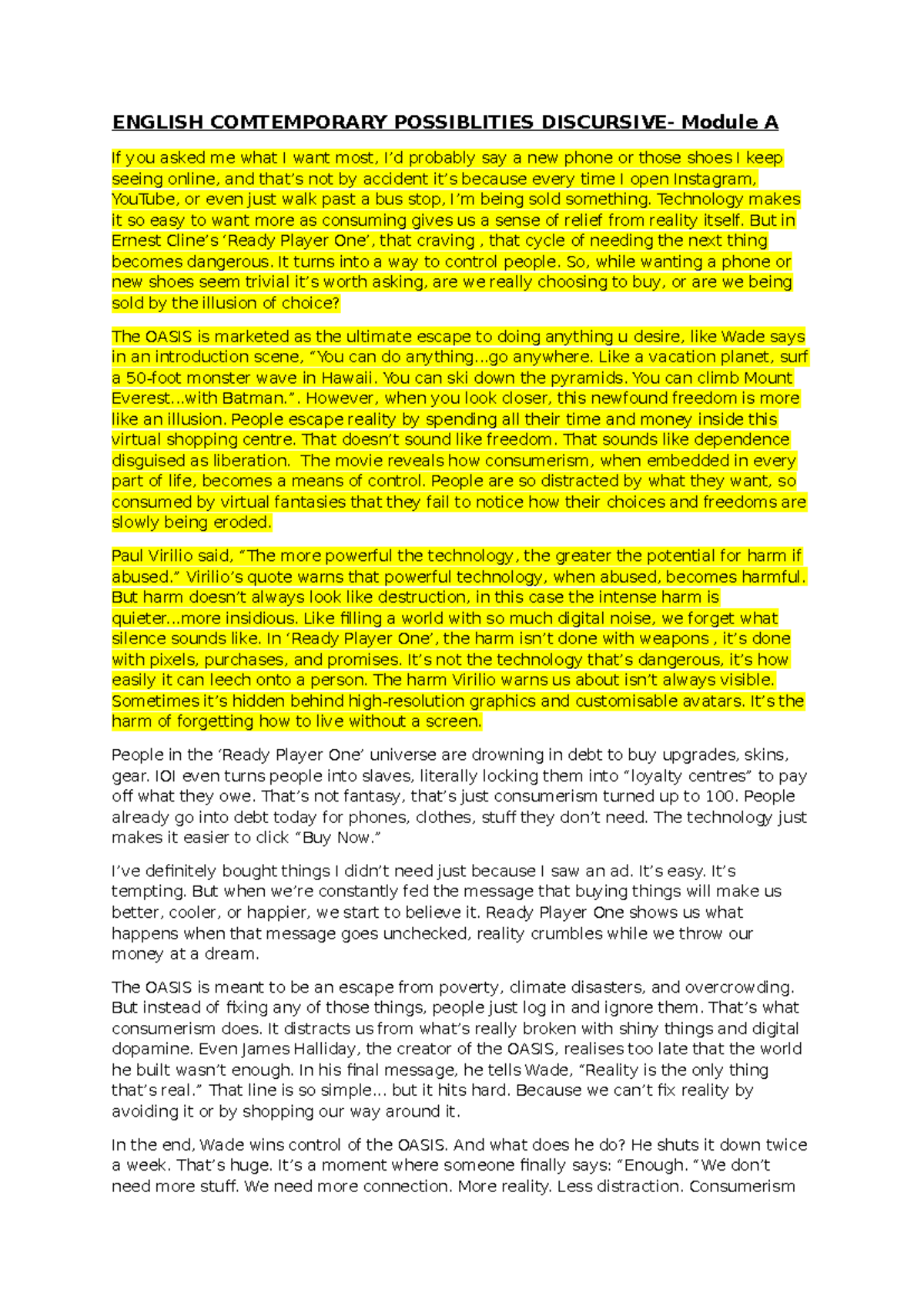 ENGLISH CONTEMPORARY POSSIBILITIES Module A - Prelim Notes on ...