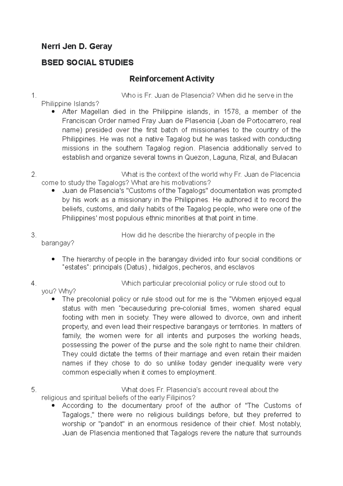 Reinforcement Activity Customs of Tagalog - Nerri Jen D. Geray BSED ...