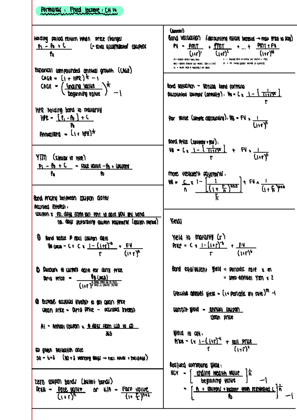 Formulas for Fixed Income Valuation - Chapter 14 (FIN 101) - Studocu