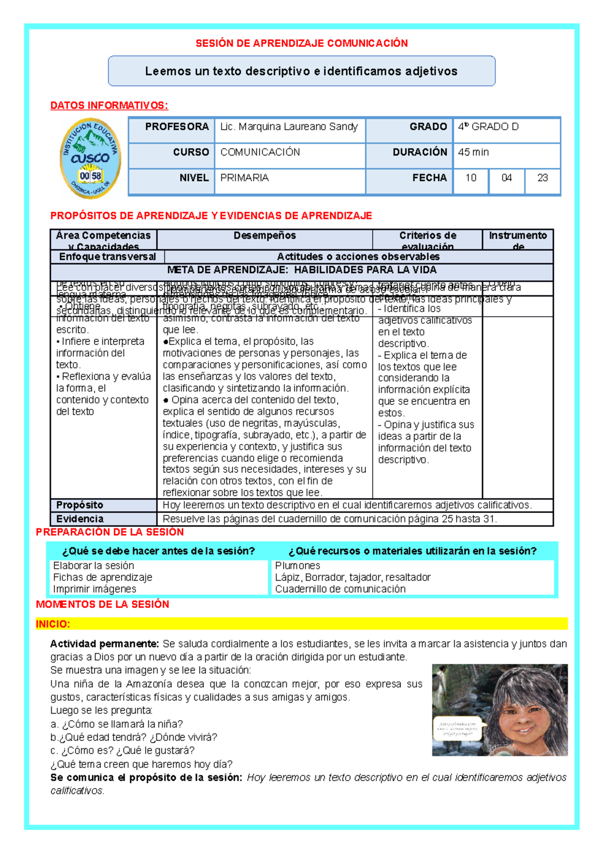 SES 4to Leemos Texto Descriptivo e Identificamos Adjetivos Calificativos - Studocu