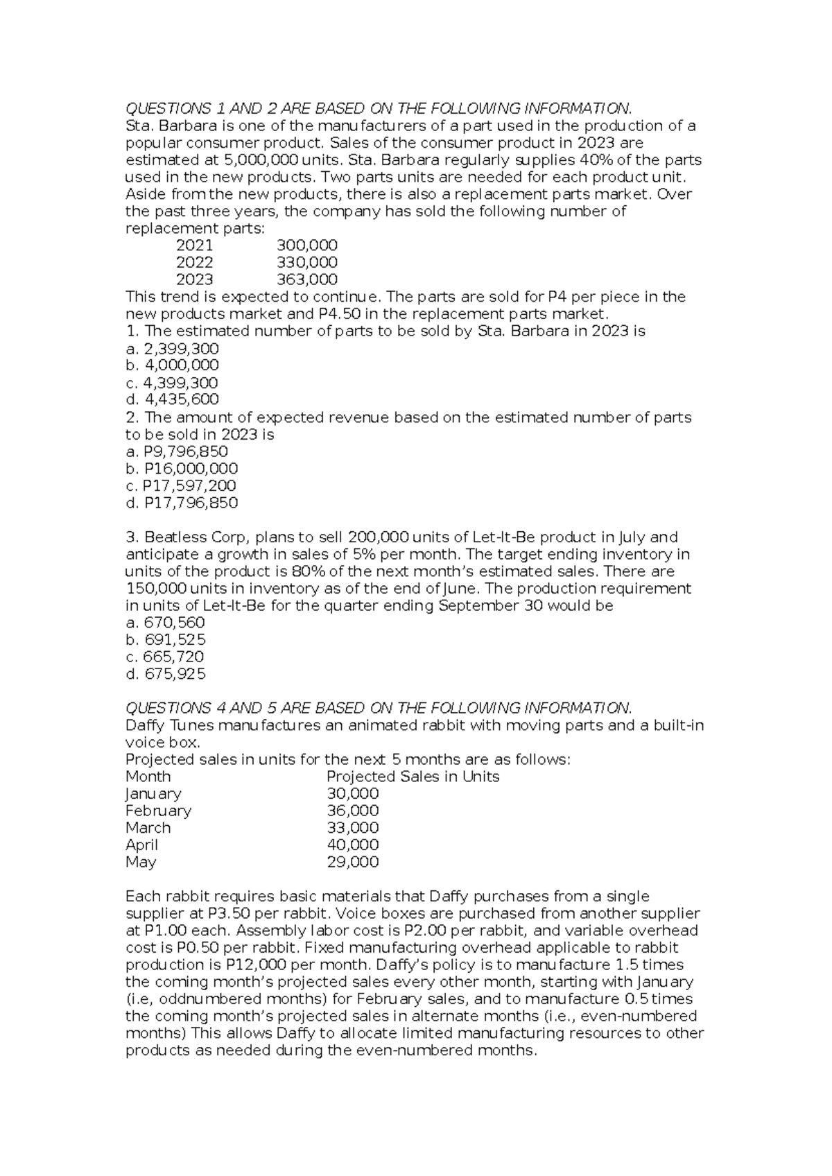 Master Budget Practice Set: Comprehensive Questions and Answers - Studocu