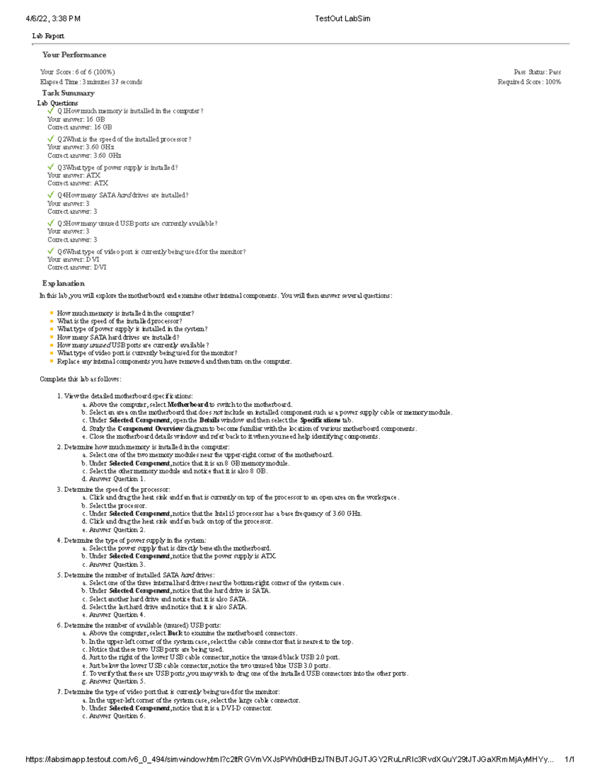 Motherboard Lab Report - TestOut LabSim Results Analysis - Studocu