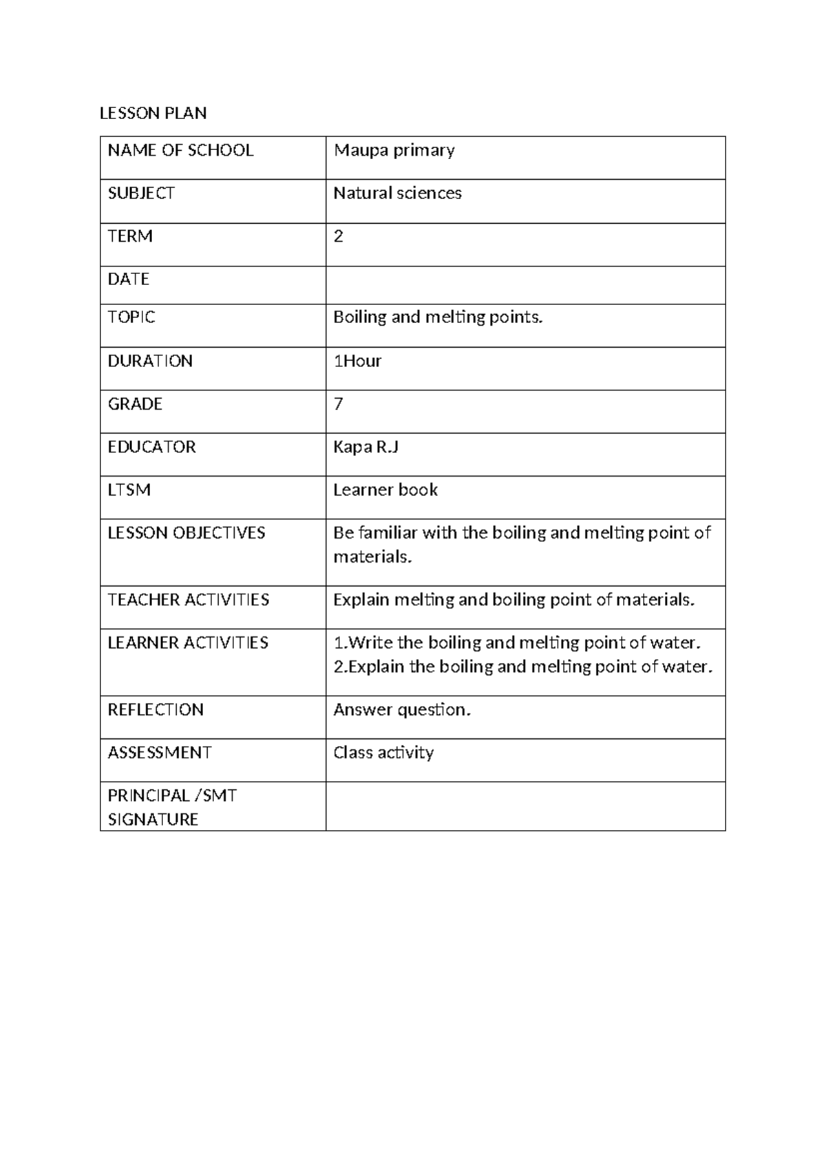 Grade 7 Lesson PLAN Natural Sciences - LESSON PLAN NAME OF SCHOOL Maupa ...