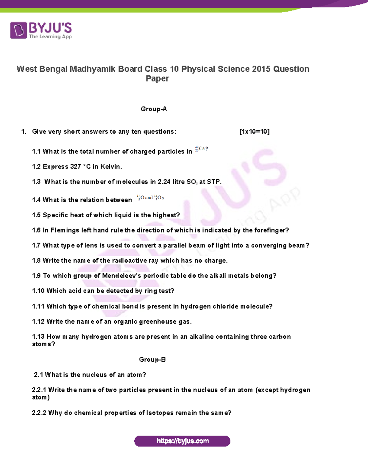 West Bengal Board Class 10 Physicaly Science 2015 Question Paper - West ...