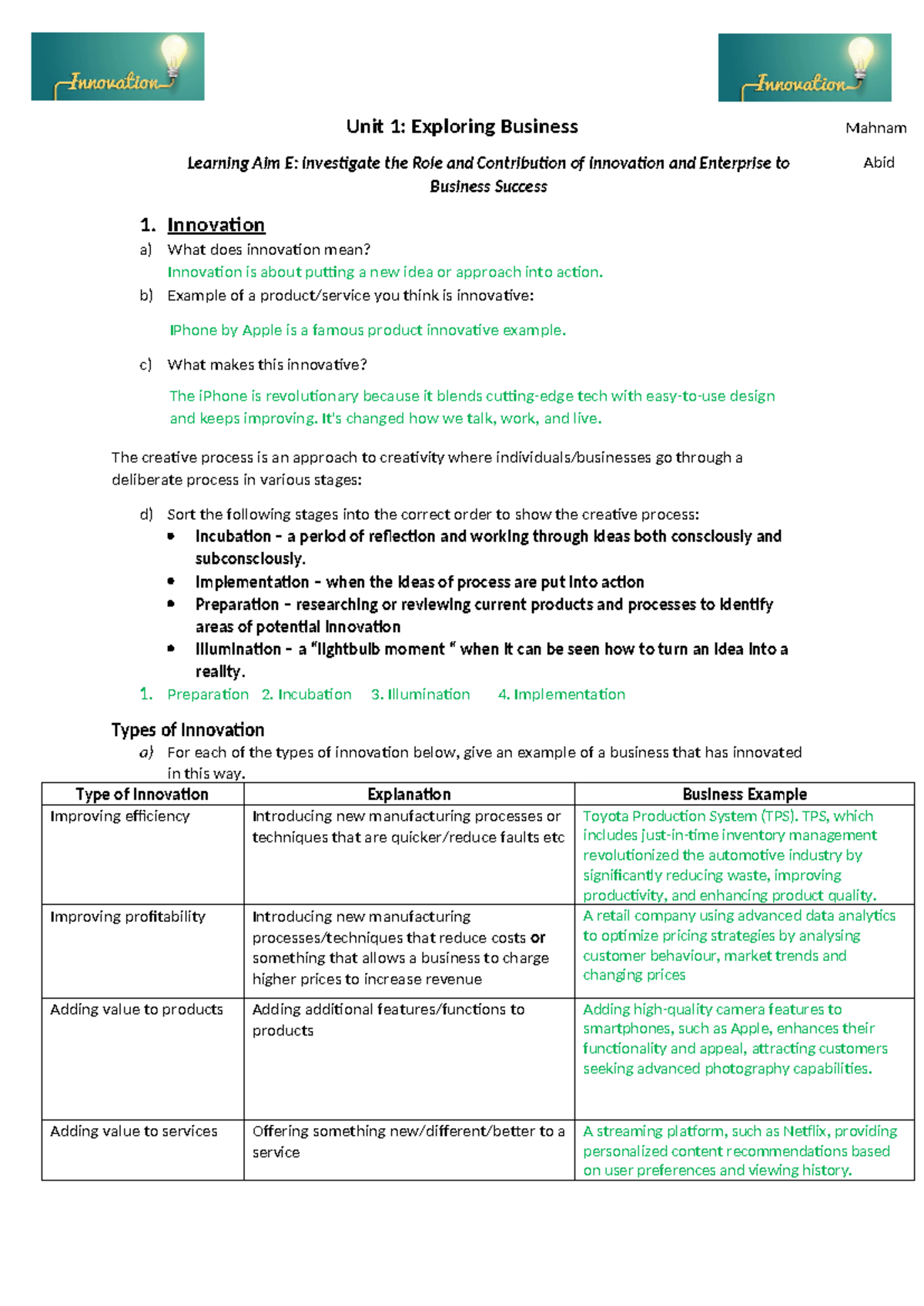 E1 E2 Innovation & Enterprise Study Notes for A Level Success - Studocu