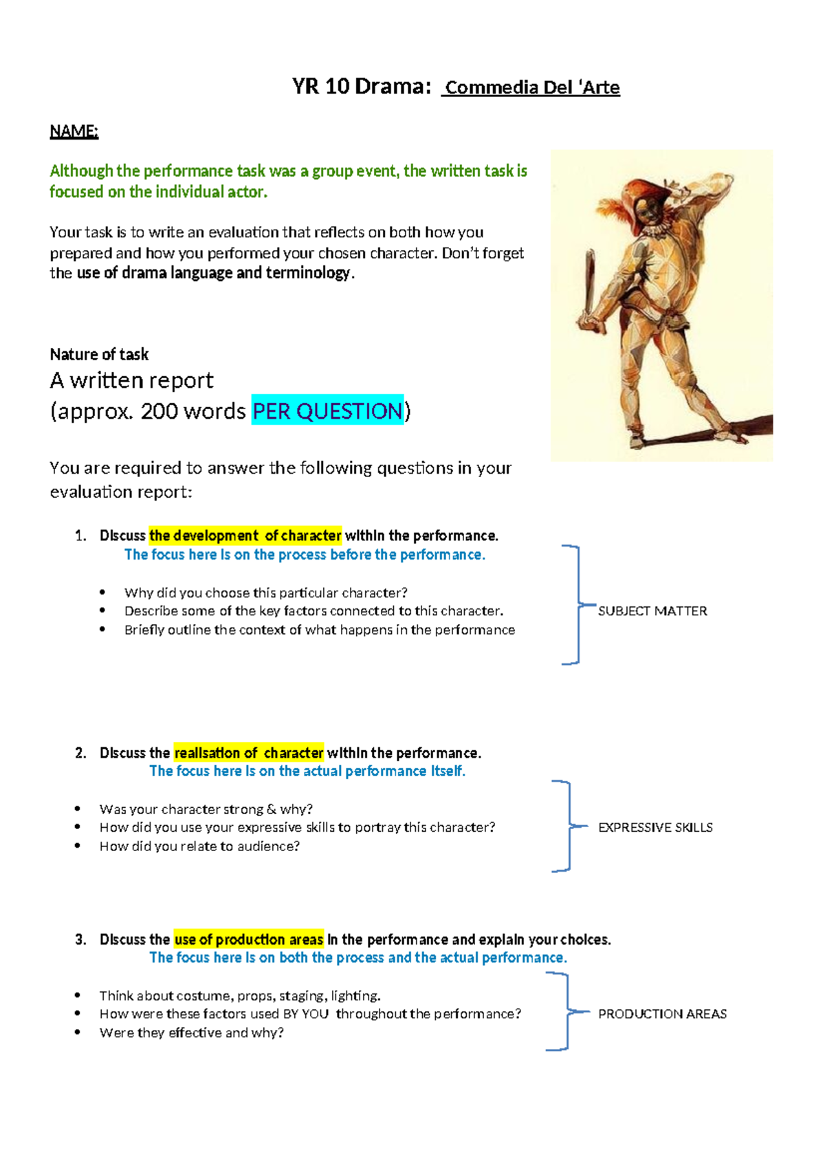 YR 10 Drama: Commedia Del Arte Individual Performance Evaluation - Studocu