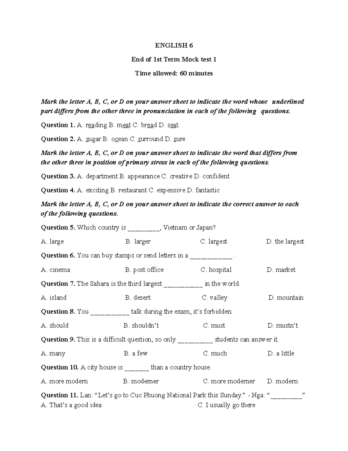 ENGLISH 6 End of 1st Term Mock Test 1 - Exam Questions and Answers ...