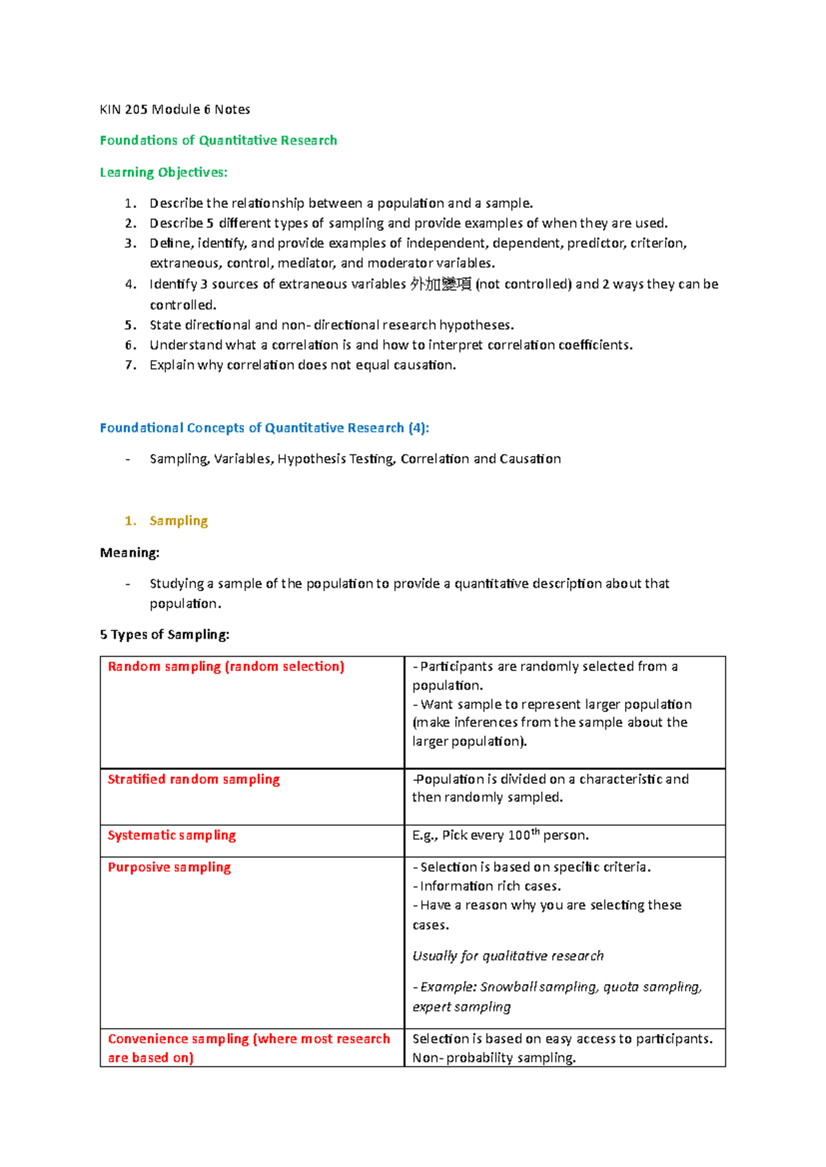 KIN 205 Module 6 Notes: Foundations of Quantitative Research Concepts ...