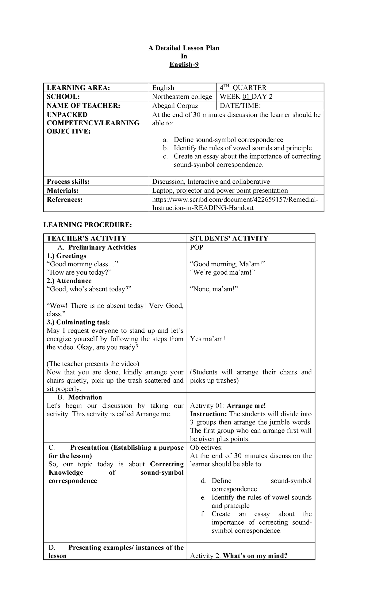Correcting Knowledge of Sound-Symbol Correspondence: Lesson Plan for ...