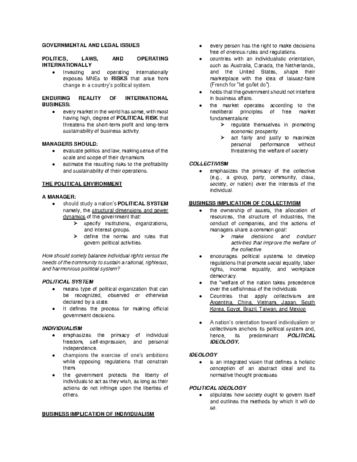 Governmental and Legal Issues in International Business: POL 101 ...