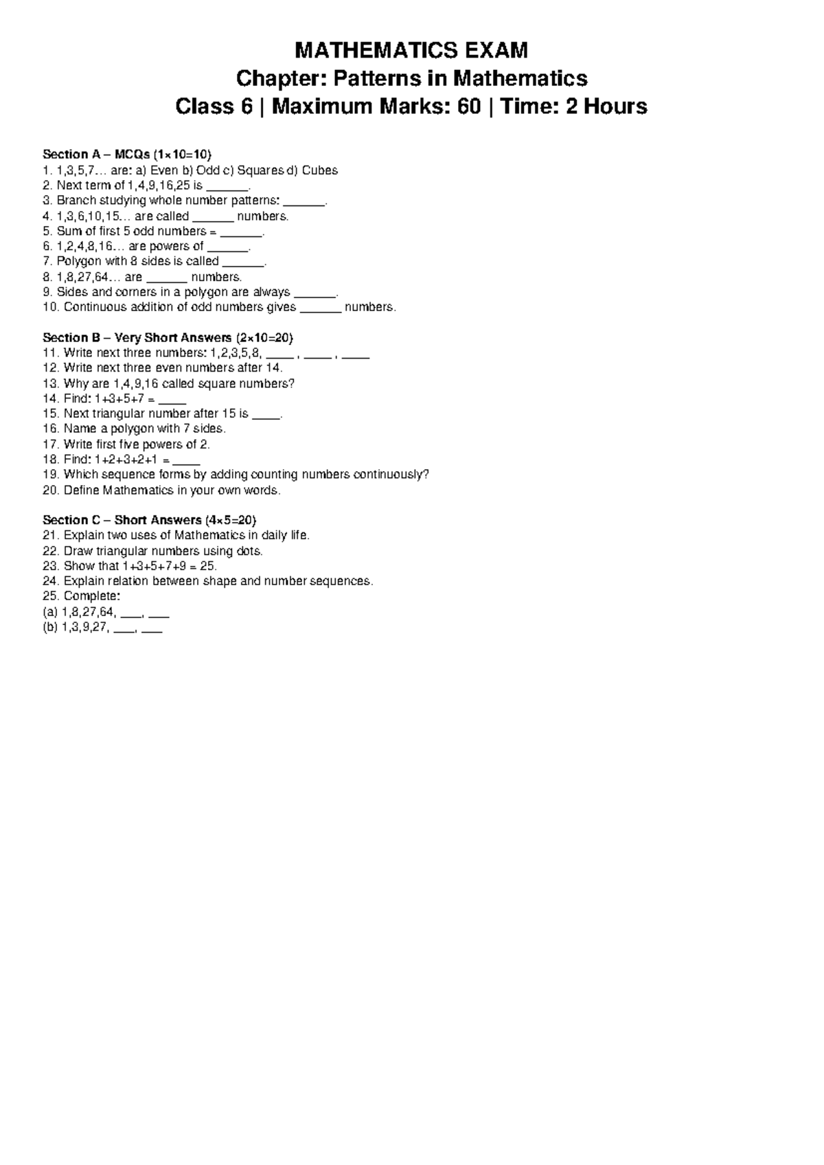 MATHEMATICS EXAM: Patterns in Mathematics Class 6 Review - Studocu