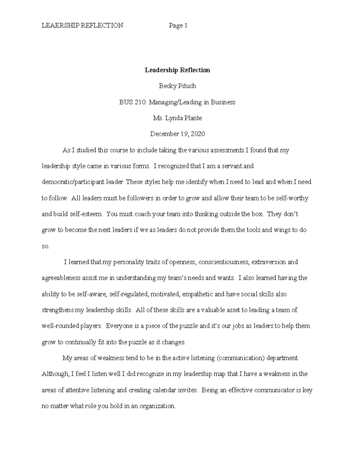 BUS 210 Module 8 Project 2 - LEAERSHIP REFLECTION Page 1 Leadership ...