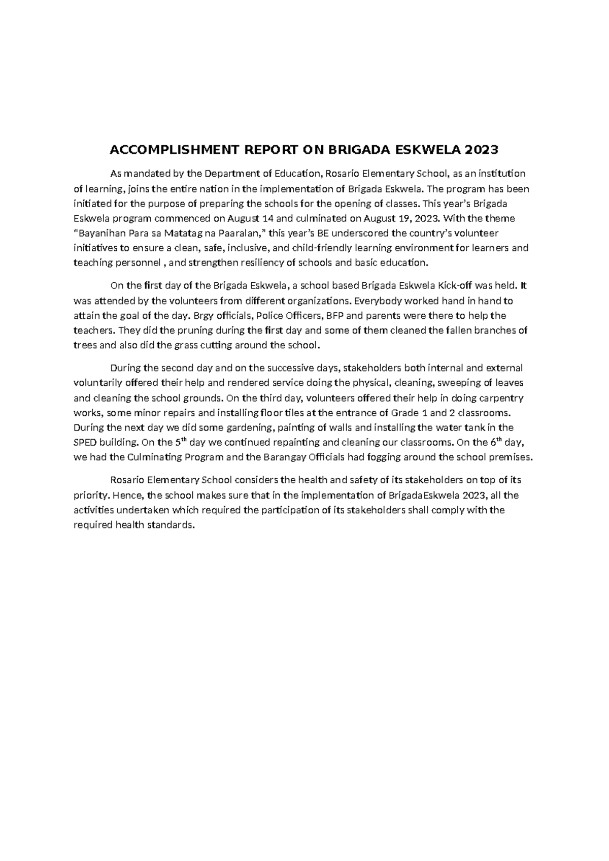 Brigada Eskwela 2023 Accomplishment Report at Rosario Elementary School ...
