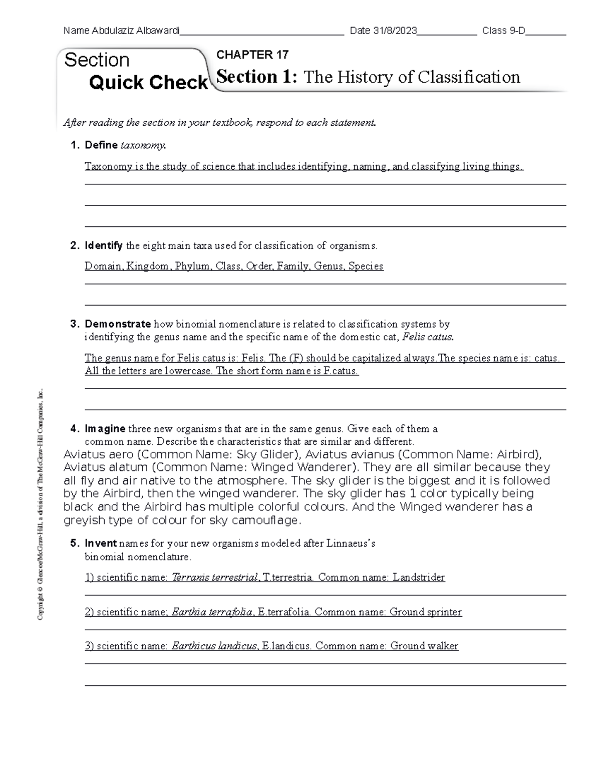 Quick check section 1 the history of classification - Name Abdulaziz ...