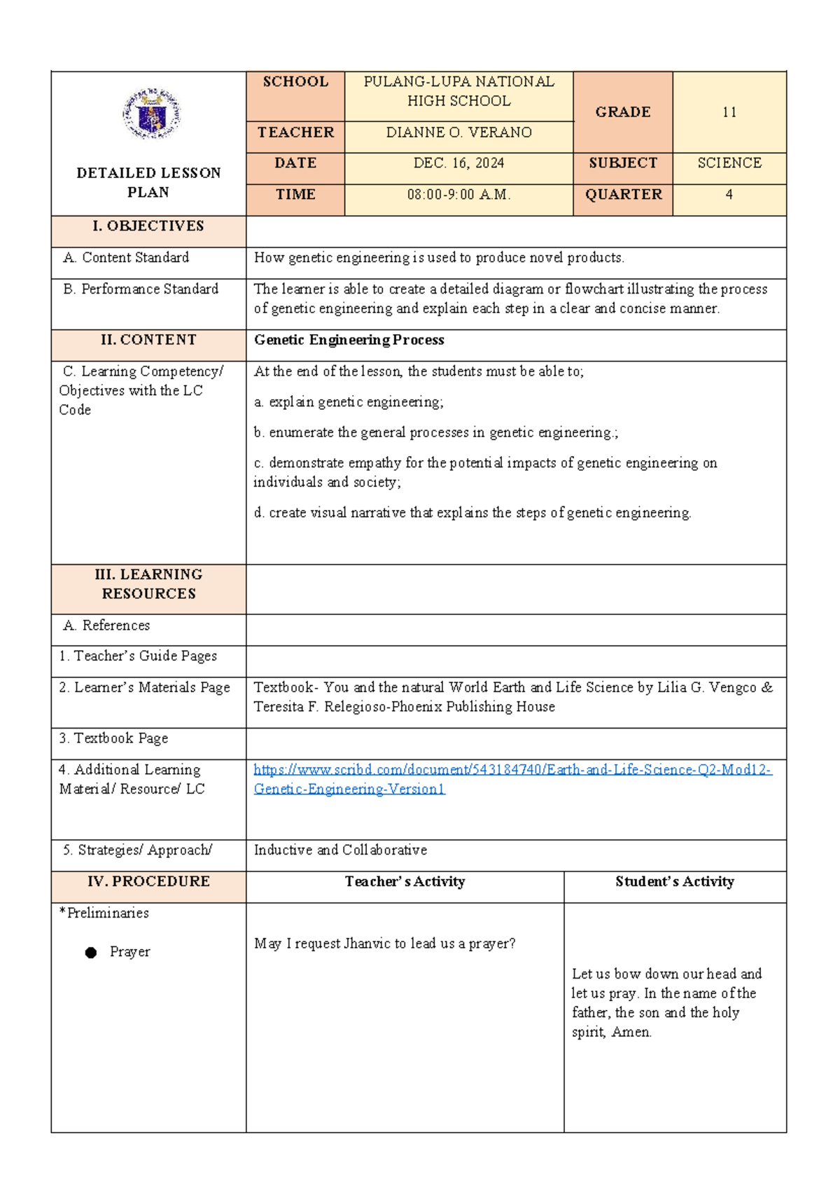 SCHOOL DETAILED LESSON PLAN: GENETIC ENGINEERING (GRADE 11 SCIENCE ...