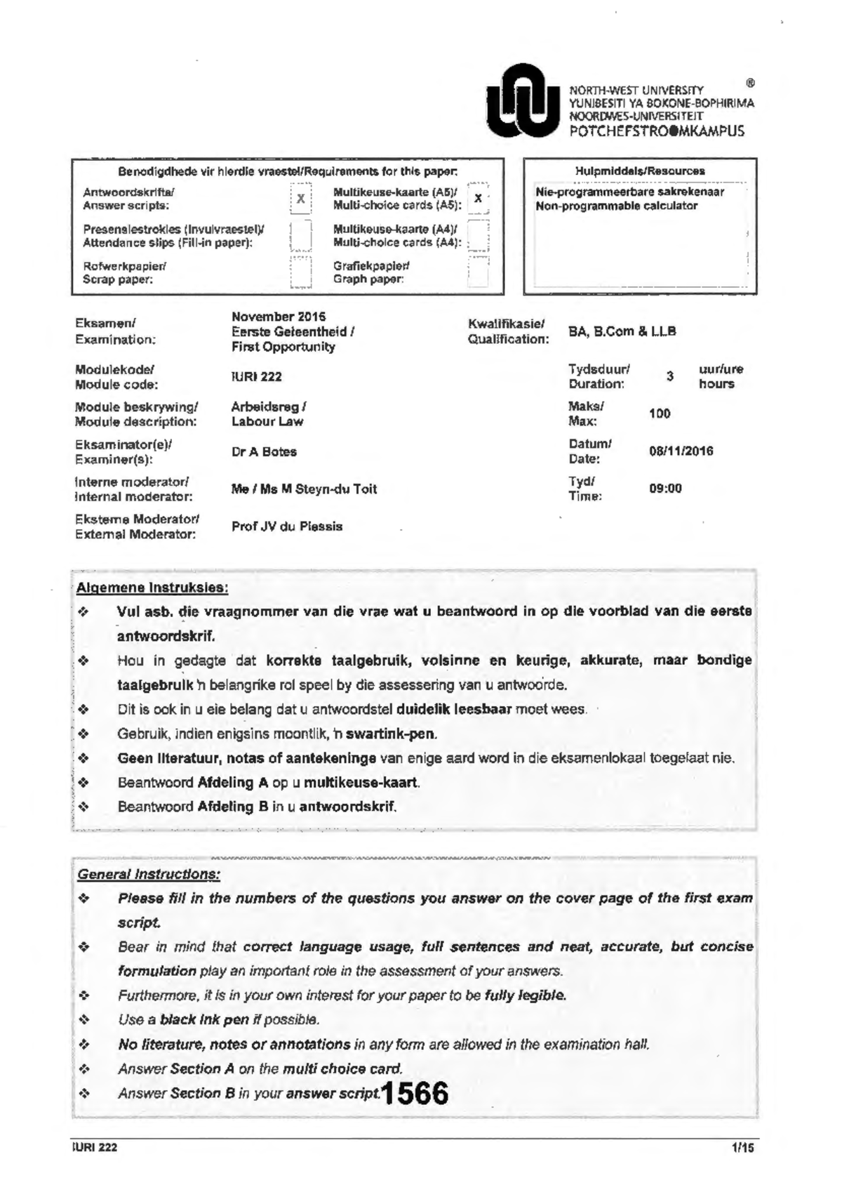 IURI 222 Labour Law Exam Nov 2016 Questions and Instructions - Studocu